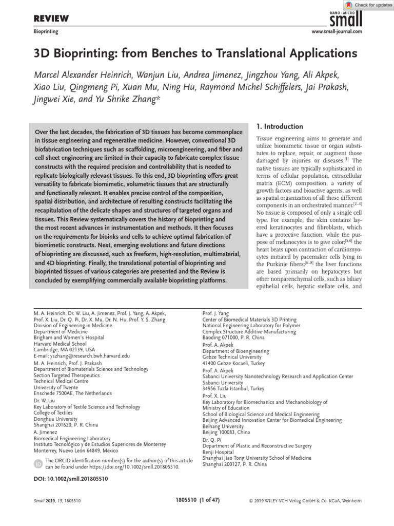 3D Bioprinting From Benches To Translational Applications | PDF | Tissue Engineering | Materials