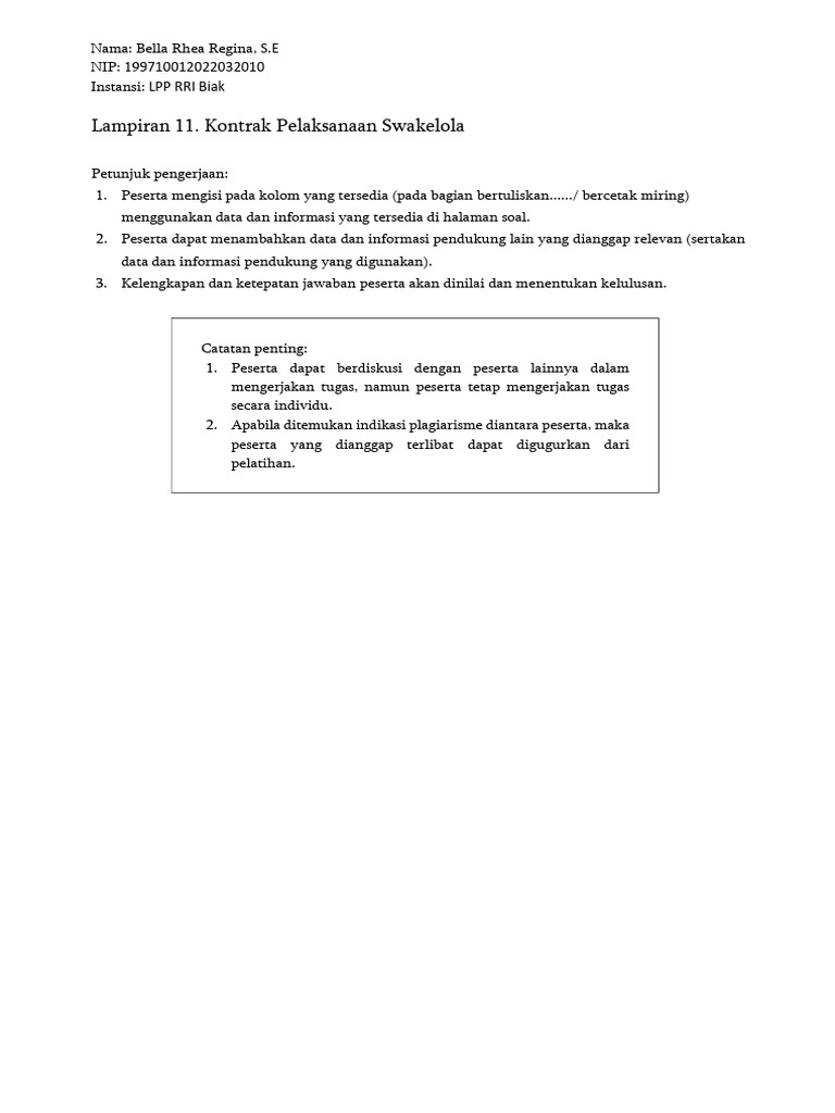Bella Rhea Regina - Lampiran 11 - Kontrak Pelaksanaan Swakelola | PDF