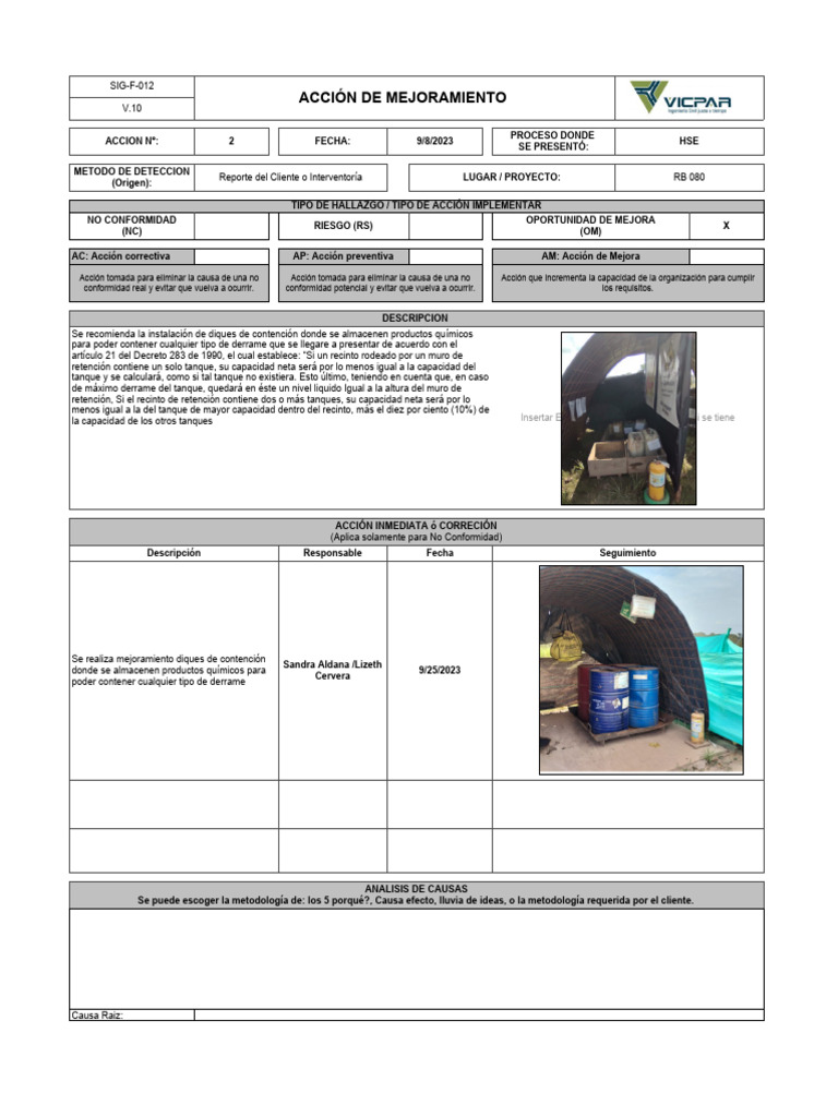 SIG-F-012 Accion de Mejoramiento v.10 - N 14 Diques de Contencion | PDF