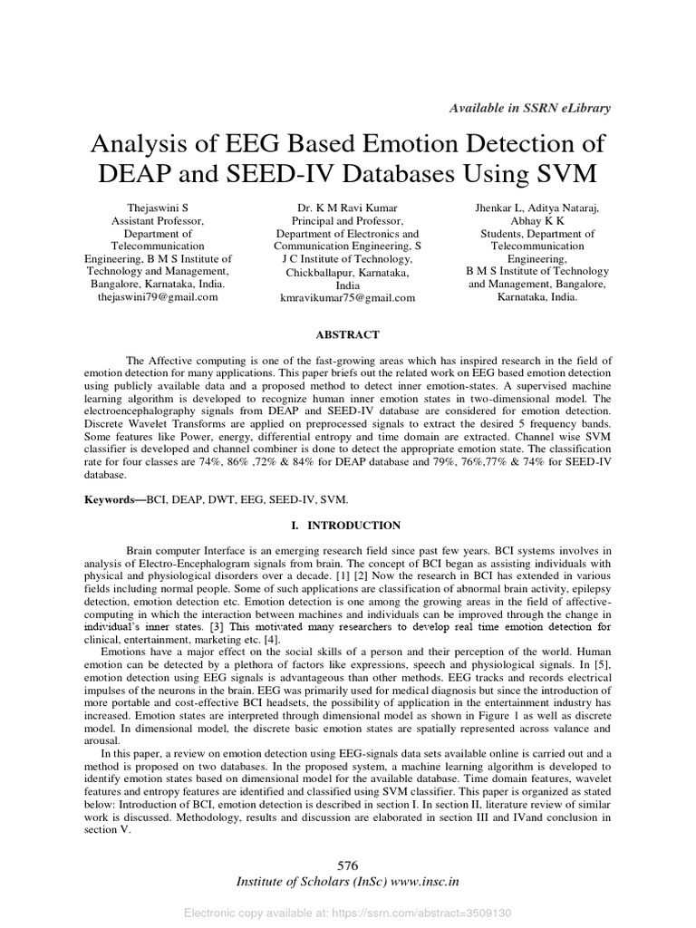 Analysis of EEG Based Emotion Detection of DEAP and SEED-IV Databases Using SVM | PDF | Support ...
