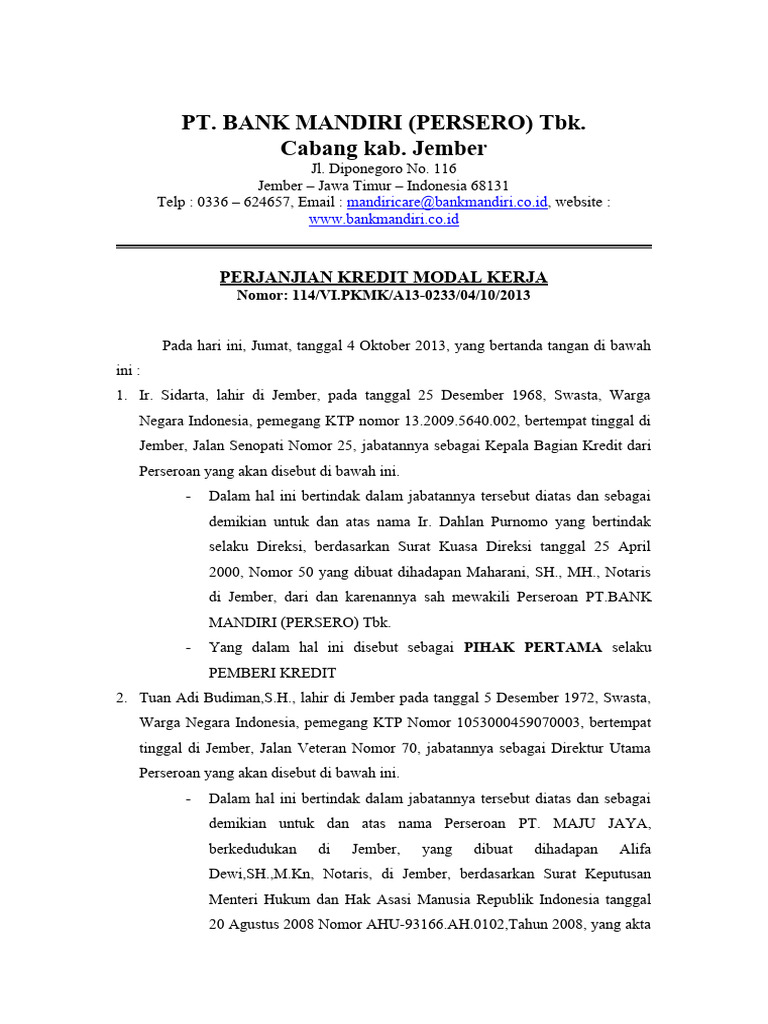 Perjanjian Kredit Modal Kerja Bank Mandiri | PDF