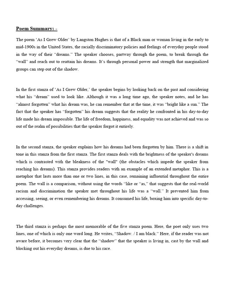 AS I GREW OLDER_POEM SUMMARY AND THEME | Download Free PDF | Racism | Discrimination & Race ...