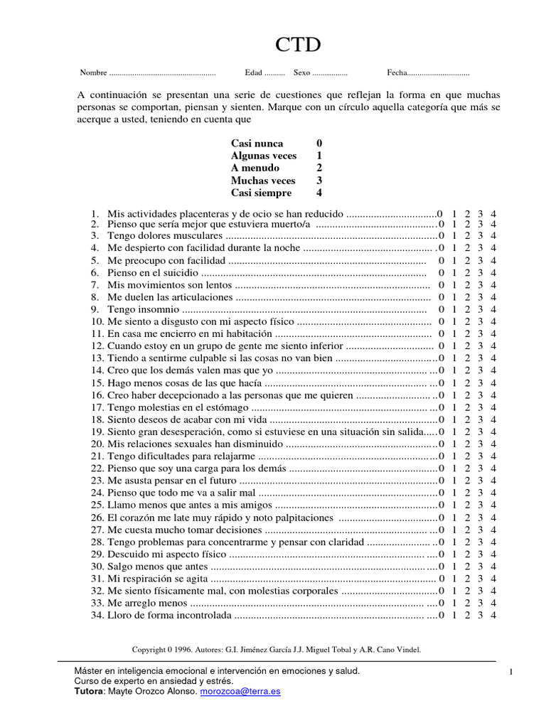 Cuestionario Tridimensional para la Depresion CTD | PDF