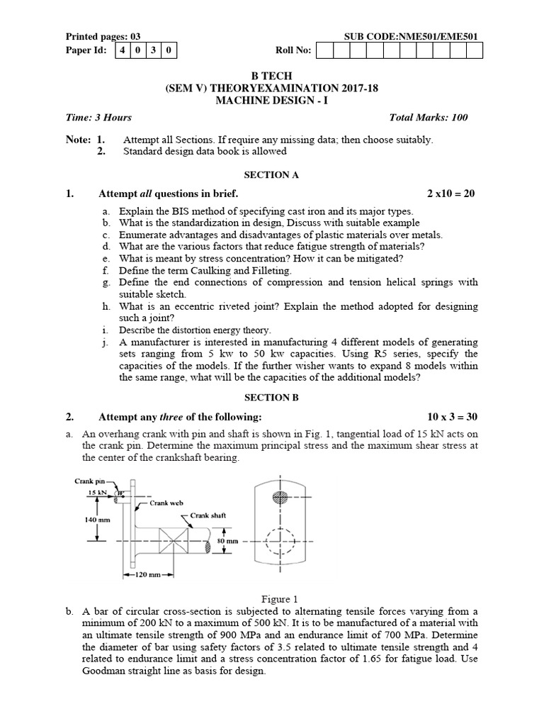 Machine Design I Exam Paper 2017-18 | PDF | Stress (Mechanics ...