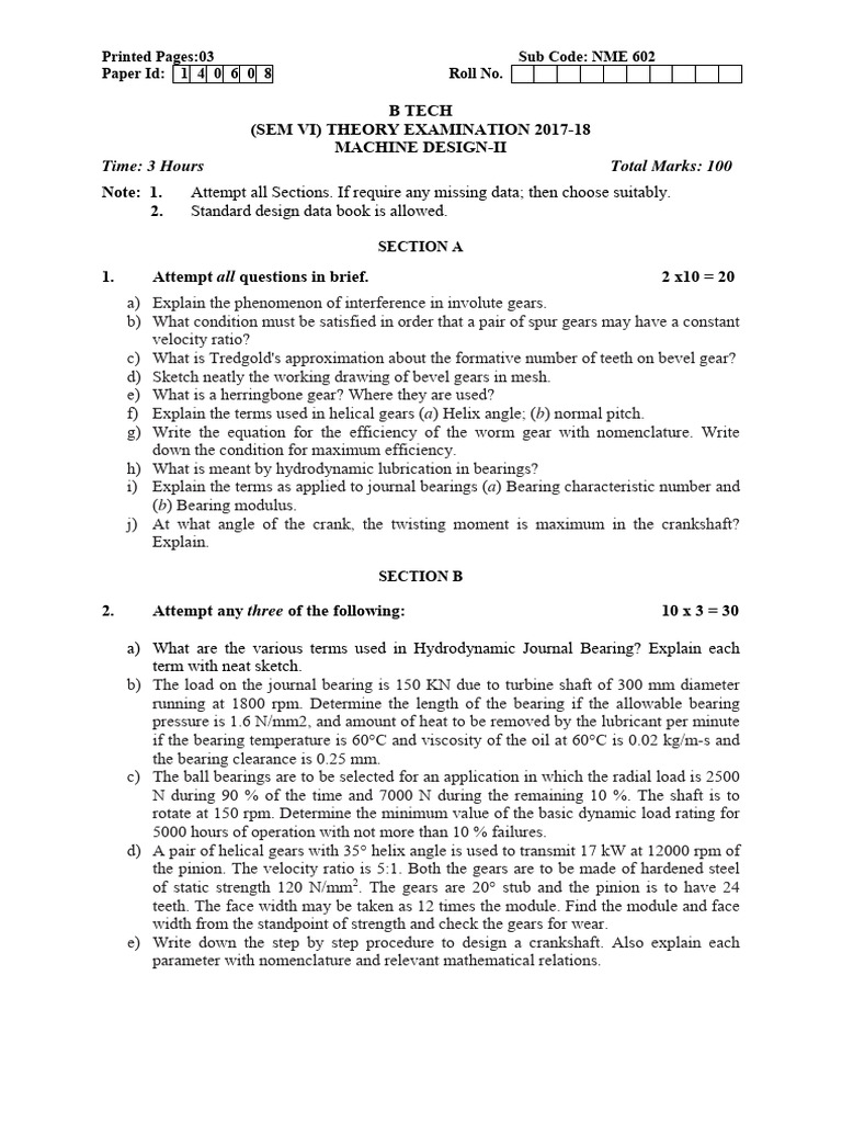B Tech Machine Design II Exam Paper | PDF | Gear | Mechanics