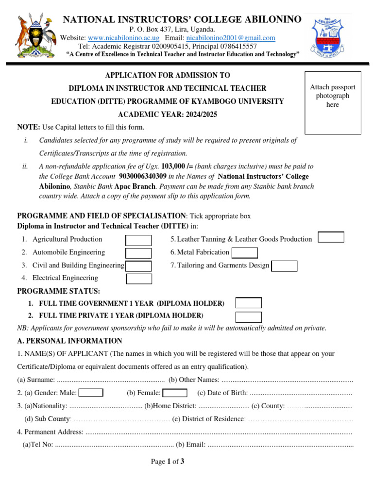 NICA DITTE Application Form 2024-2025 | PDF | Diploma