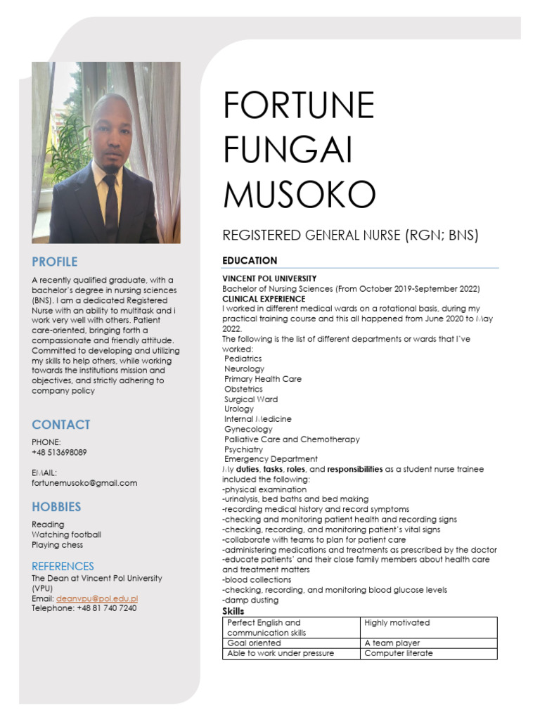 RN Fortune Musoko CV | PDF | Nursing | Public Services