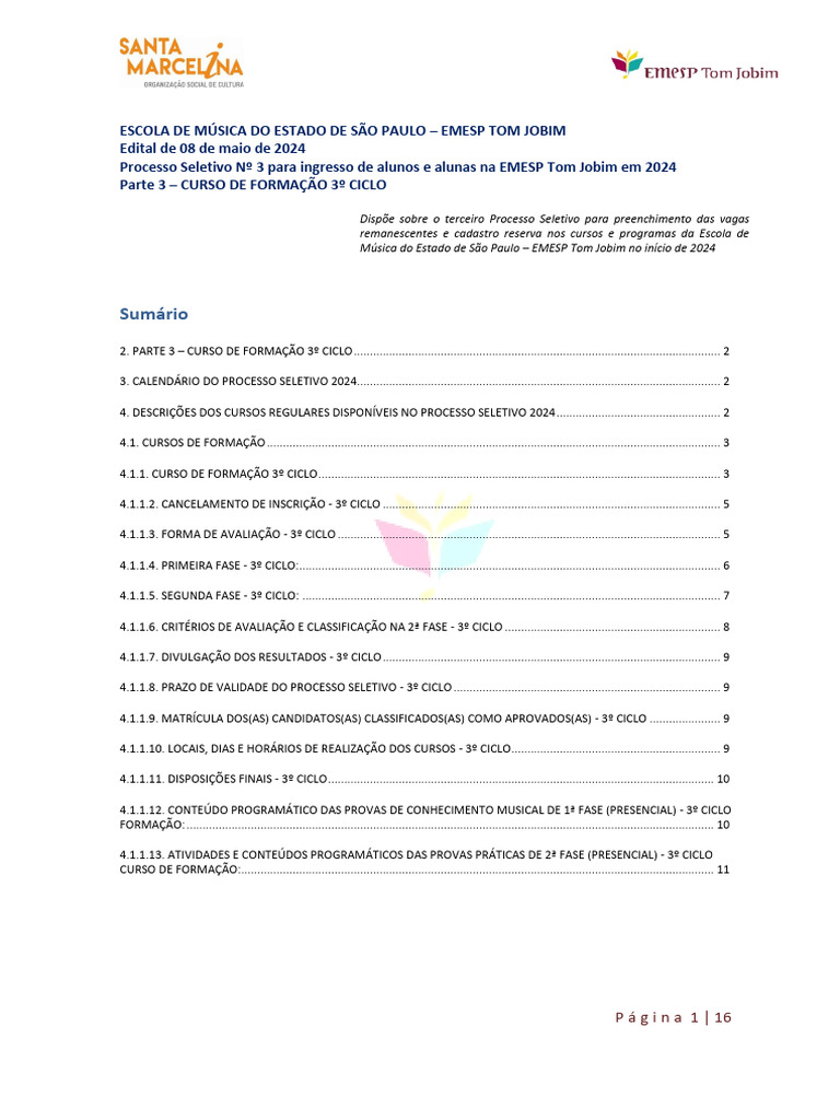Edital 3o Processo Seletivo 2024 - Cursos Regulares Da EMESP Tom Jobim ...