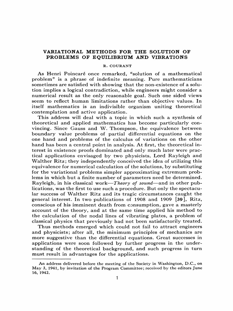 1943 Courant Variational Methods For The Solution of Problems of Equilibrium and Vibrations ...