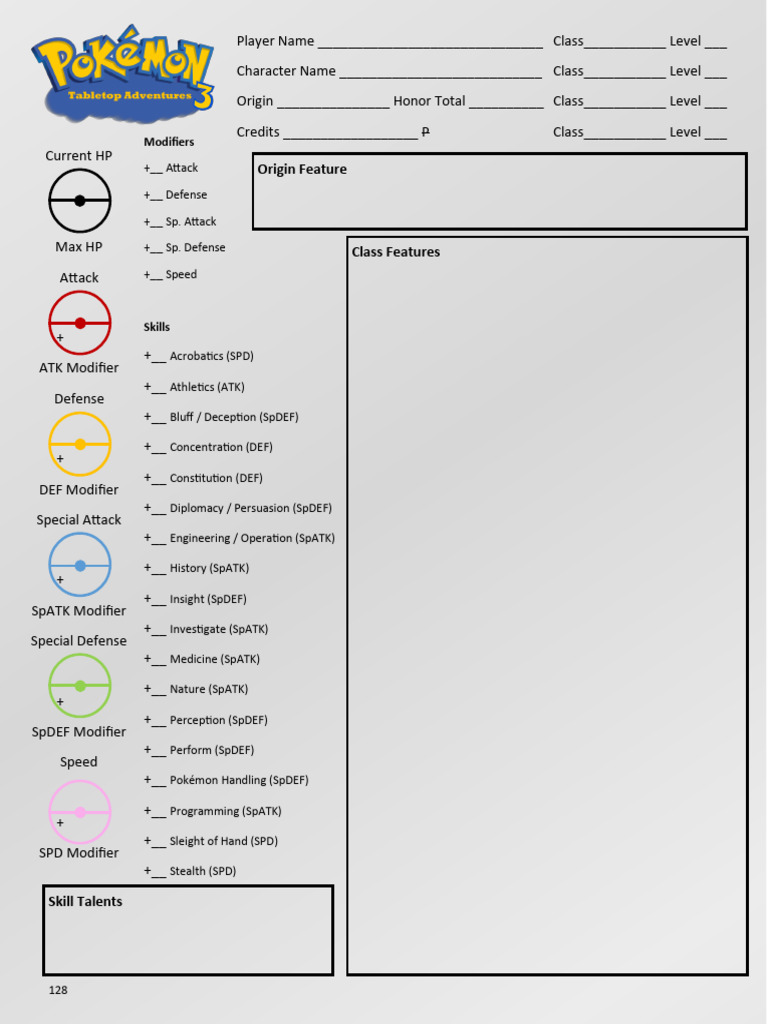 Pokémon Tabletop Adventure 3 - Character Sheets | PDF | Pokémon | Video ...