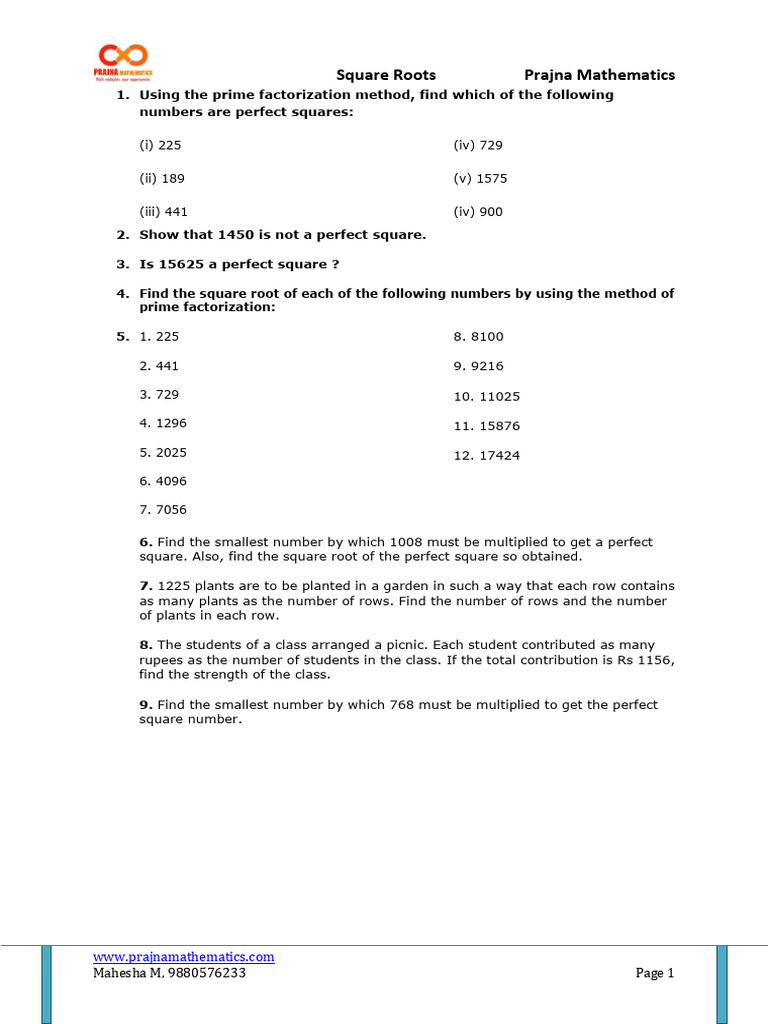 Perfect Squares and Square Roots Guide | PDF