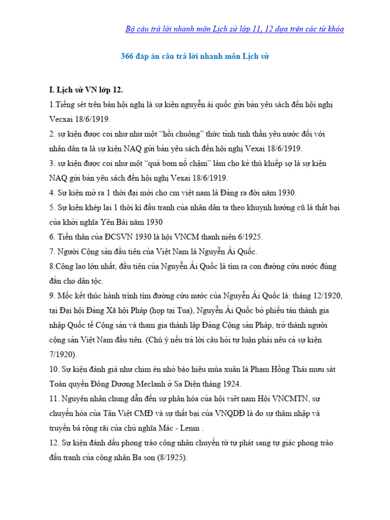 Bo Cau Tra Loi Nhanh Mon Lich Su Lop 11 12 | PDF