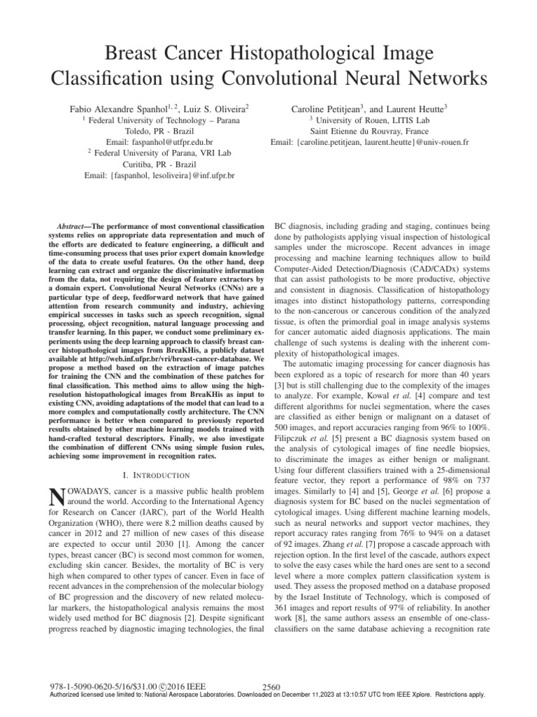 Breast Cancer Histopathological Image Classification Using Convolutional Neural Networks | PDF