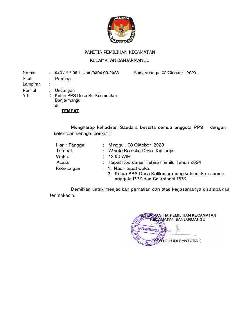 Undangan Rapat Koordinasi Pemilu 2024 | PDF