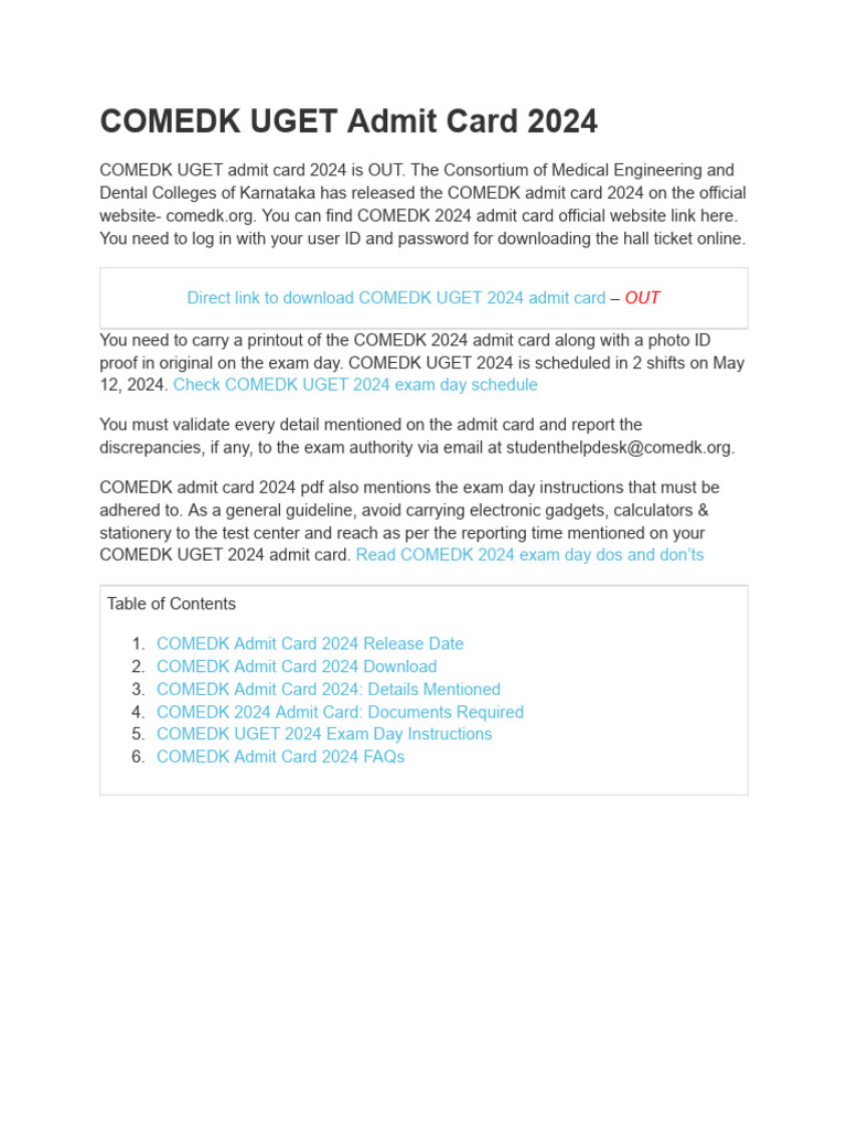COMEDK UGET 2024 Admit Card Released | PDF | Business | Technology ...