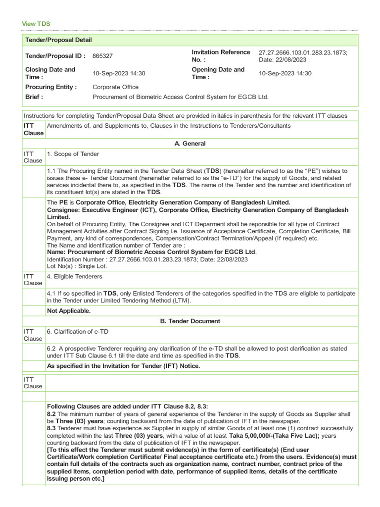 Section2_Tender Data Sheet (TDS) | PDF | Business