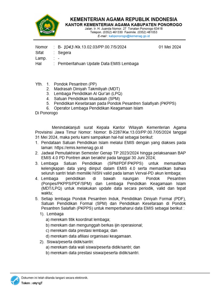Surat Pengantar EMIS 2024 | PDF