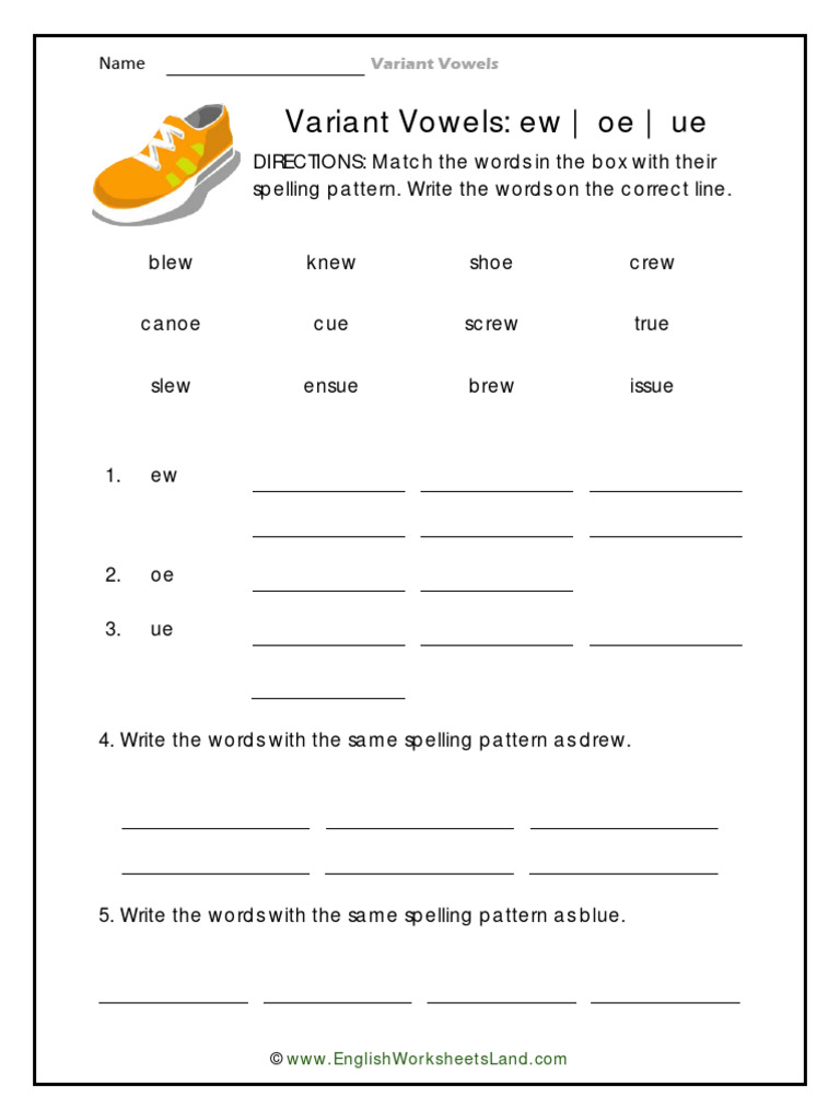 Variant Vowels: Ew - Oe - Ue: DIRECTIONS: Match The Words in The Box ...