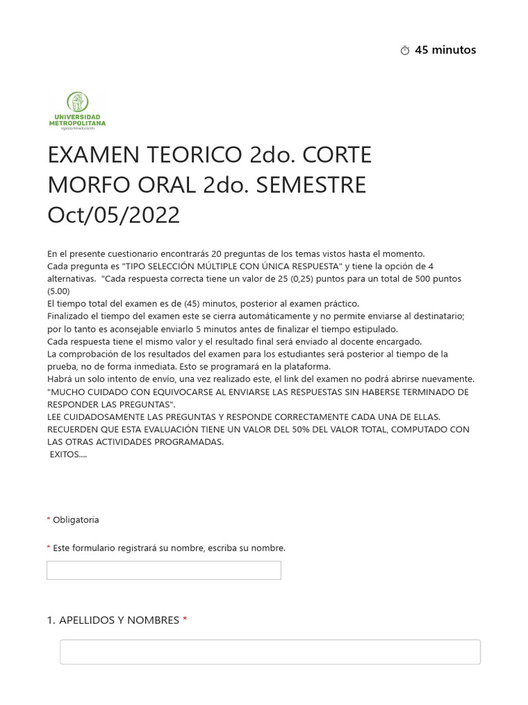 EXAMEN TEORICO 2do. CORTE MORFO ORAL 2do. SEMESTRE Oct - 05 - 2022 | PDF | Odontología | Ramas ...