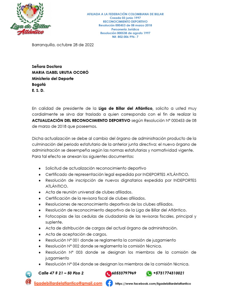 Documentos Liga Billar Atlantico Al Ministerio | PDF | Regulación ...