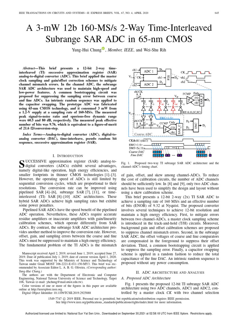 A 3-mW 12b 160-MS S 2-Way Time-Interleaved Subrange SAR ADC in 65-nm ... A 3-mW 12b 160-MS S 2-Way Time-Interleaved Subrange SAR ADC in 65-nm ...
