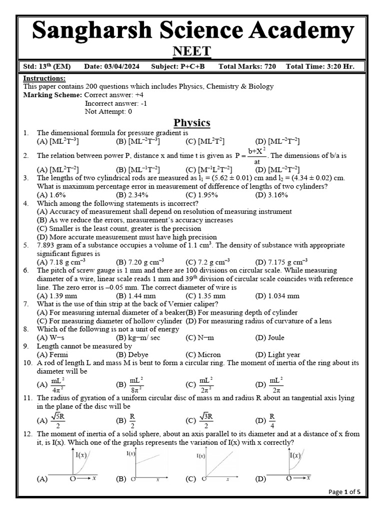 Neet Physics em 03-04-2024 | PDF | Rotation | Center Of Mass