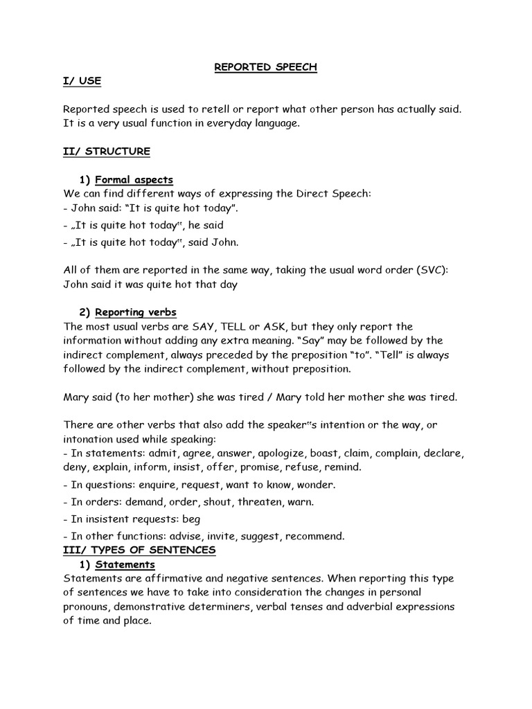 Reported Speech | PDF | Question | Verb