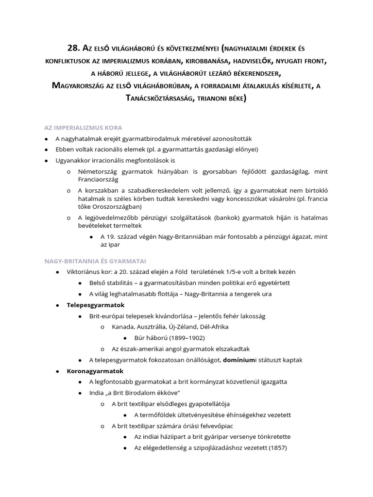 28. Az első világháború és következményei | PDF