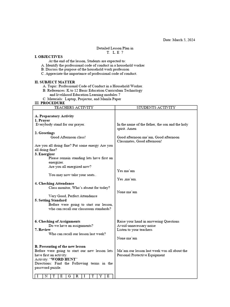 TLE Lesson Plan: Household Worker Ethics | PDF | Profession | Integrity
