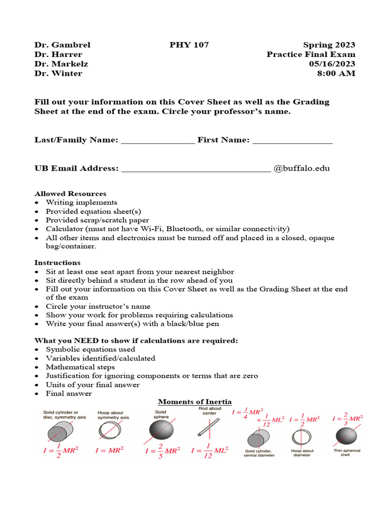 PHY107 SP23 Practice Final Exam | PDF | Force | Rotation Around A Fixed ...