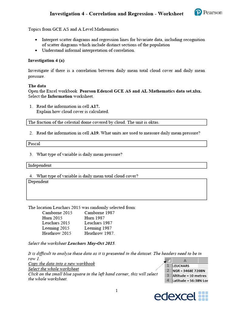 Investigation 4-Worksheet FINAL | PDF | Linear Regression | Scatter Plot