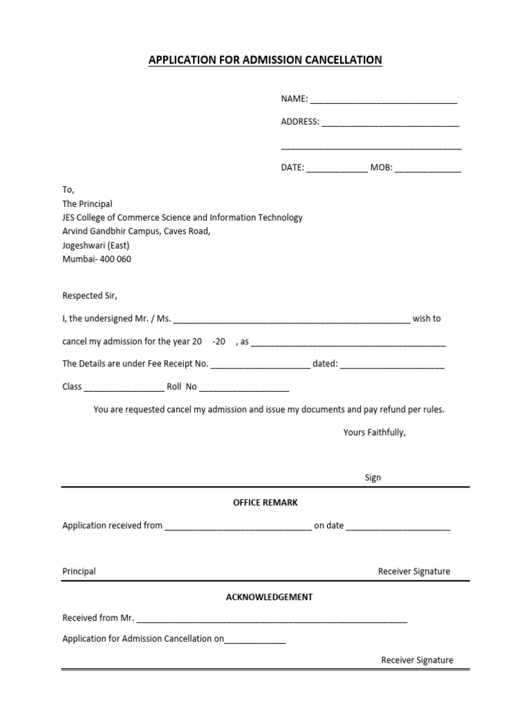 Application For Admission Cancellation | PDF | Finance & Money Management