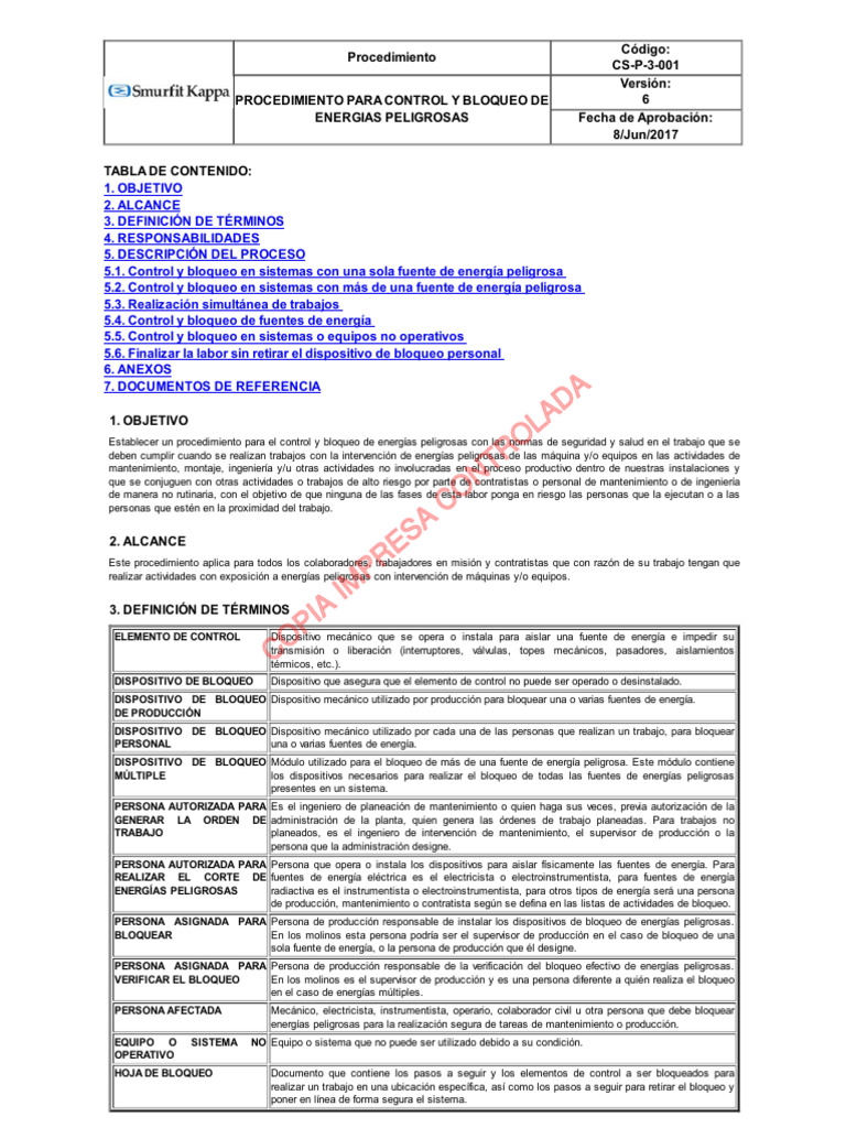 Anexo 6. CS-P-3-001 Procedimiento para Control Y Bloqueo de Energías Peligrosas | Descargar ...