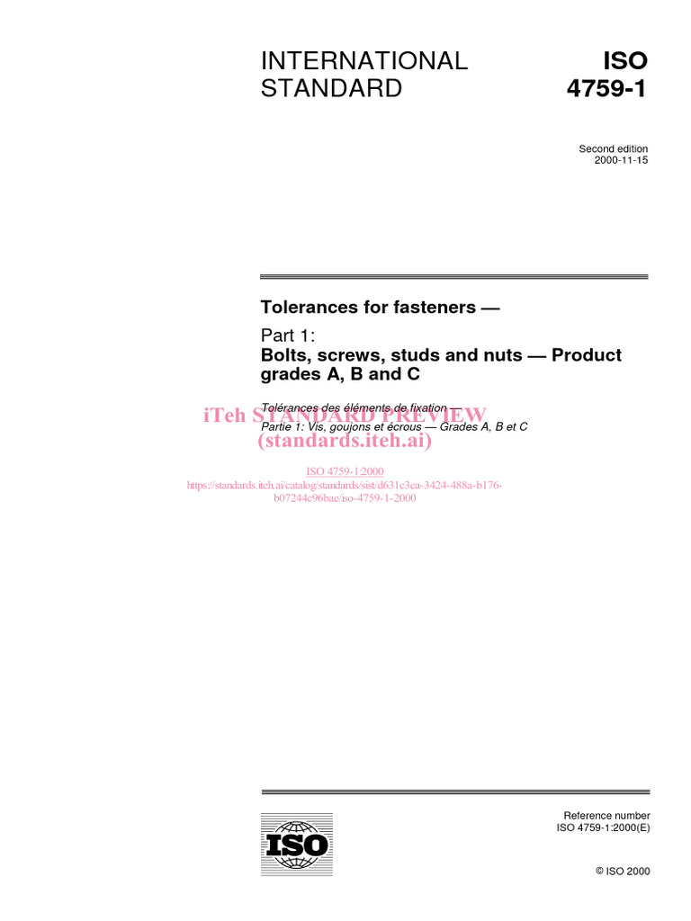 Iso 4759 1 2000 | PDF | Screw | Engineering Tolerance