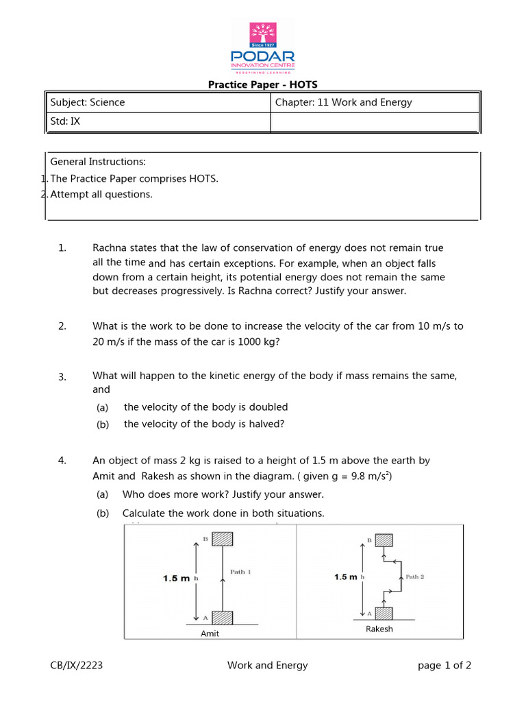 CB - IX - Sci - CH 11 - Work and Energy - HOTS | PDF | Science & Mathematics
