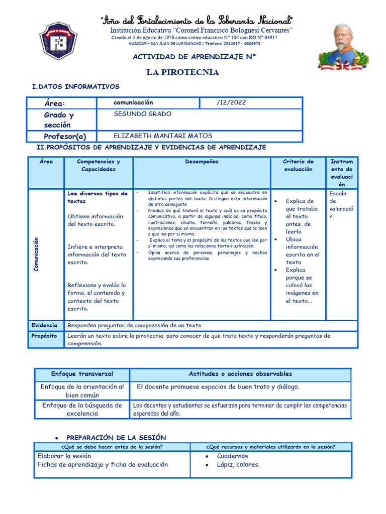 Iii-E11 S3 Sesión D4 Plan Lector La Pirotecnia Ok | PDF