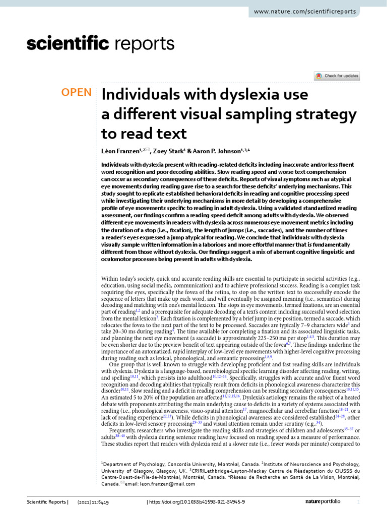 Dyslexia and Visual Sampling Strategies | PDF | Dyslexia | Dependent ...