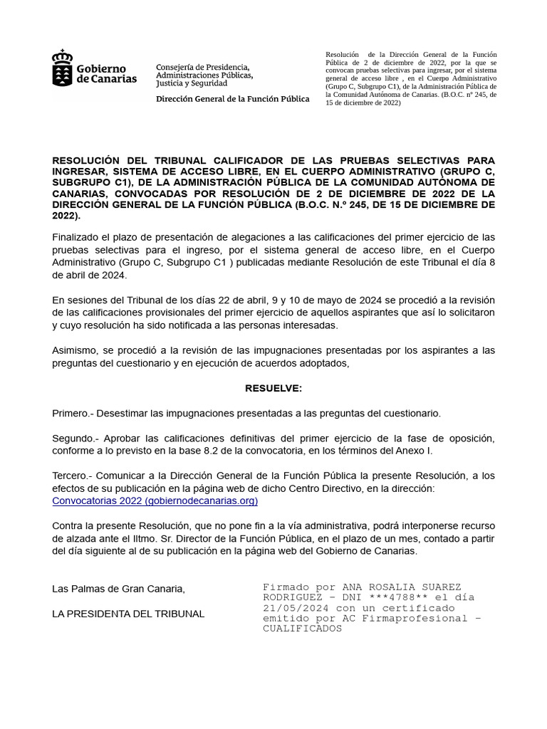 Resoluc Califica Definitivas Primer Ejercicio C1 LI 22052024 | PDF ...