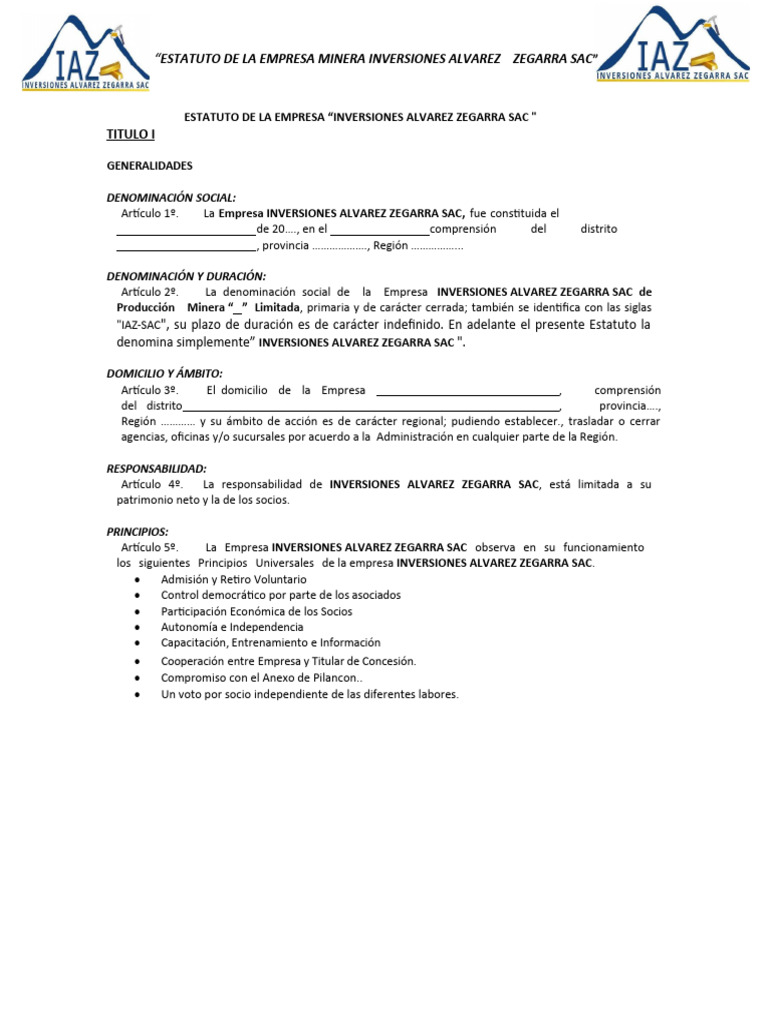 Estatuto Empresa Minera IAZ-SAC | PDF | Minería | Business
