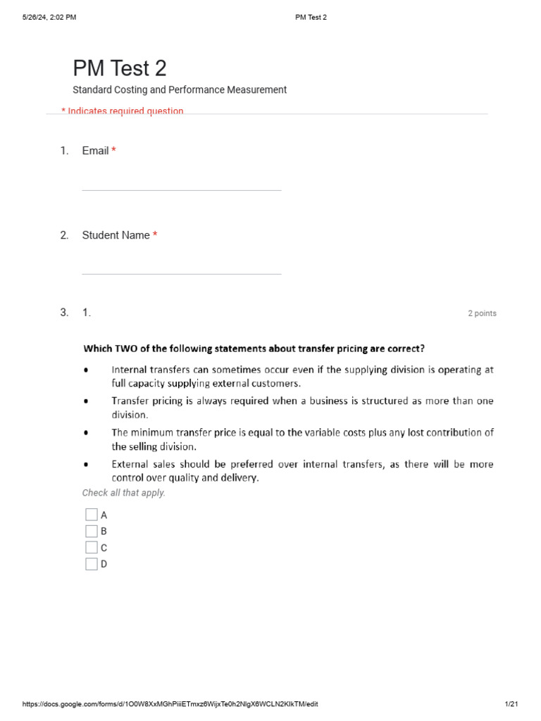 PM Test 2 - Google Forms | PDF | Prices | Cost