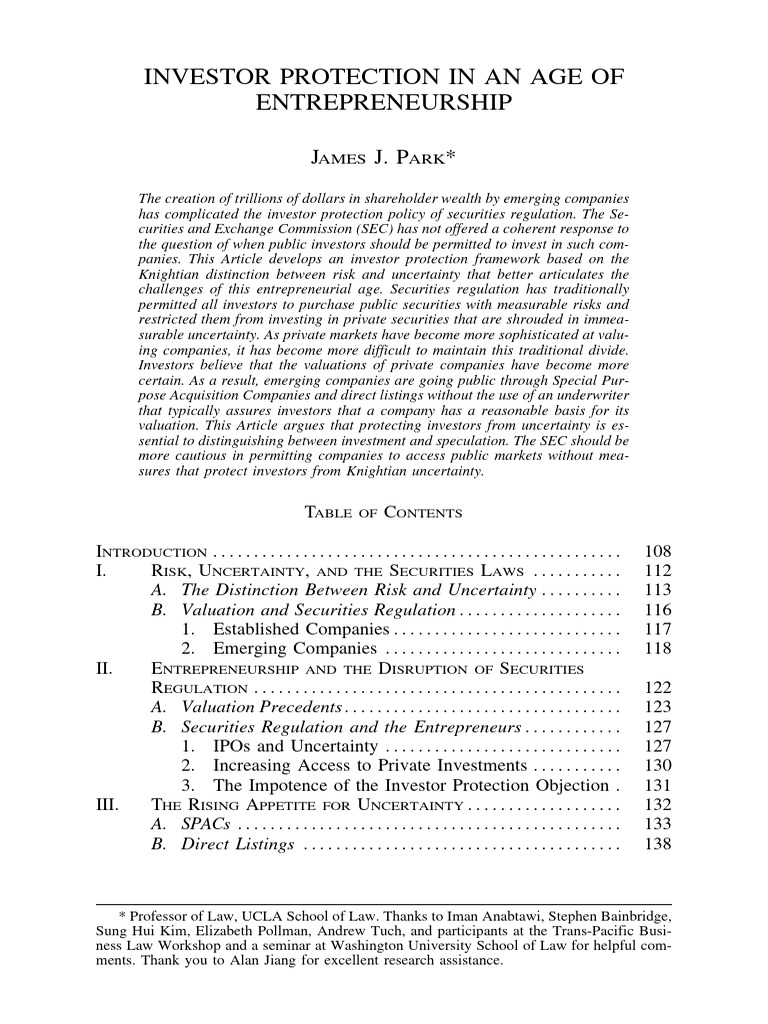 Investor Protection in Entrepreneurship | PDF | Valuation (Finance ...