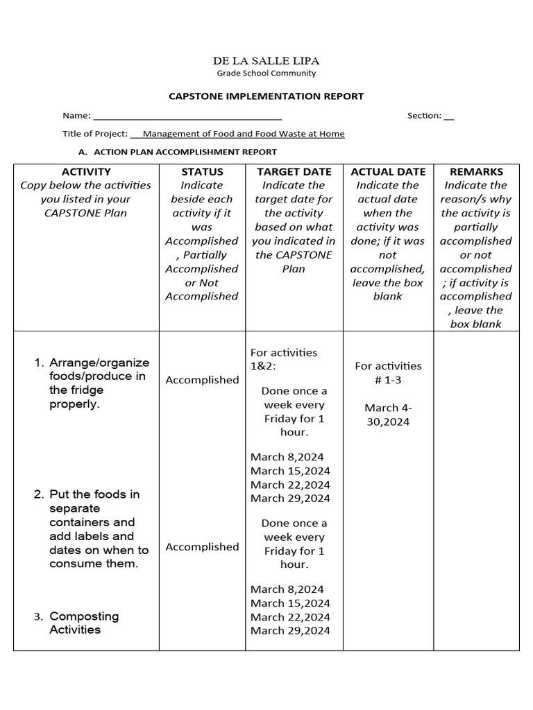 Qa3 Sample - Capstone Implementation Report | PDF | Compost | Refrigerator