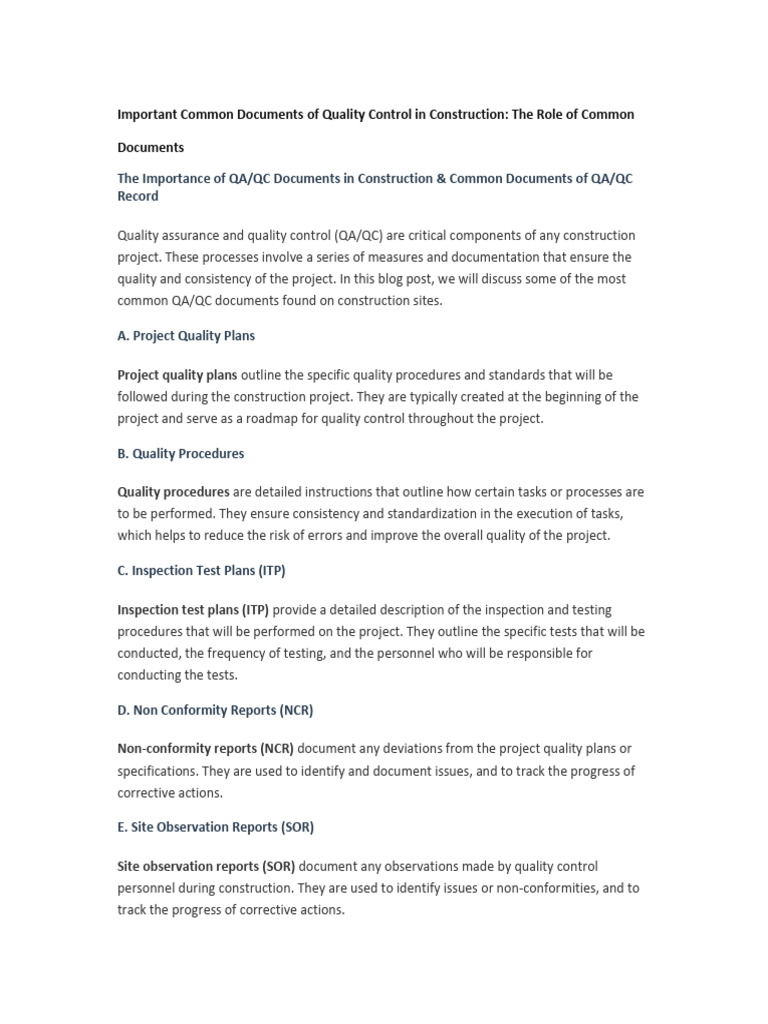 Important Common Documents of Quality Control in Construction | PDF ...