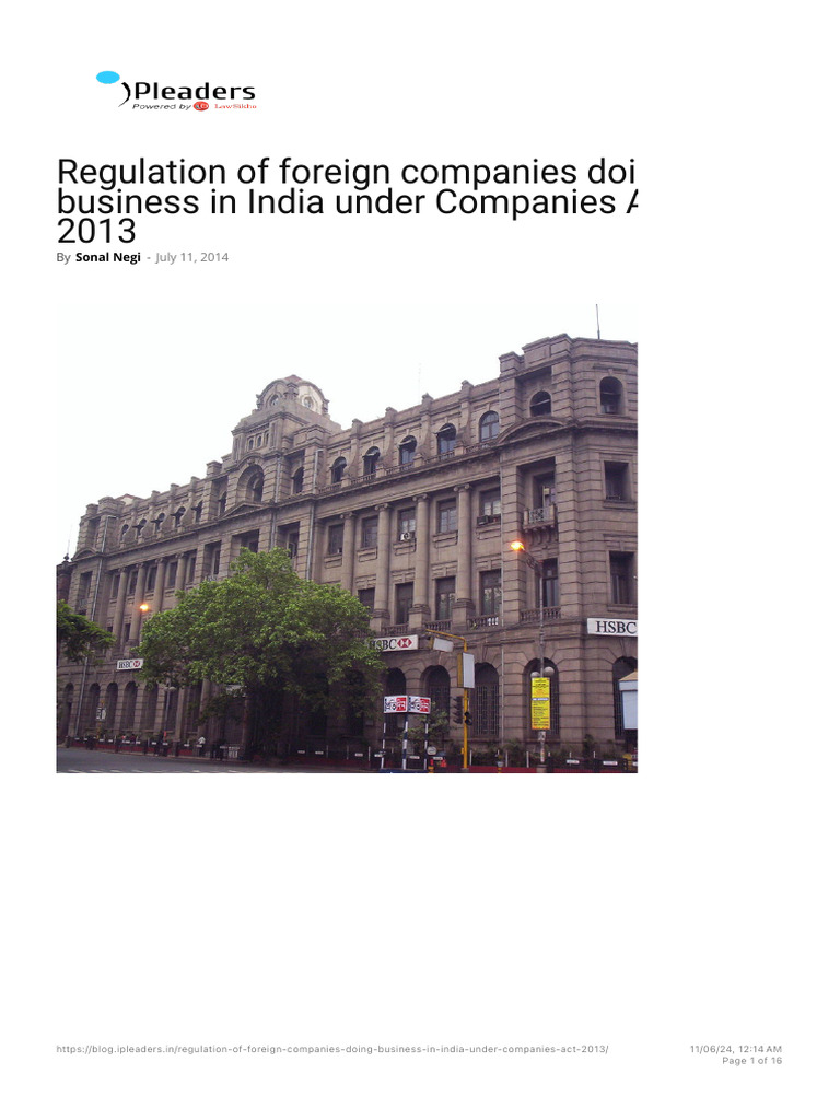 Regulation of Foreign Companies Doing Business in India Under Companies Act, 201 | PDF | Private ...