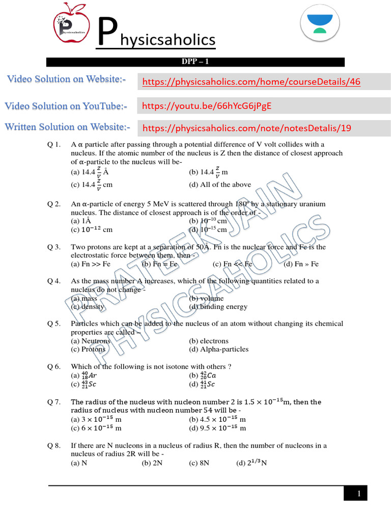 DPP-1 Nuclear Physics - Nucleus, Binding Energy, Q Value | PDF | Atomic Nucleus | Quantum Mechanics
