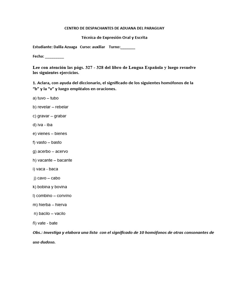 Homófonos en Español: Ejercicios y Definiciones | PDF | Artes del ...