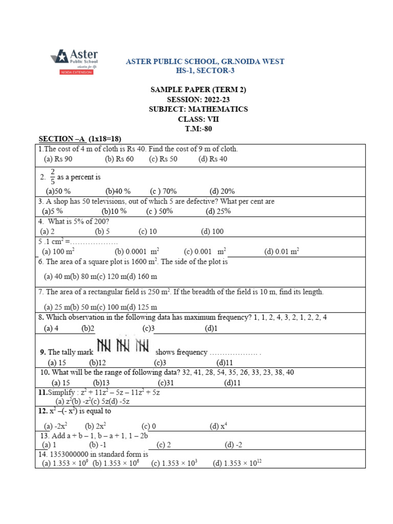 Sample Paper of Term CL 7 2022-23 | PDF | Area | Elementary Mathematics