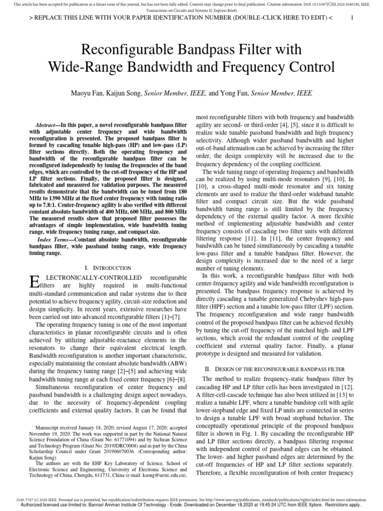 Reconfigurable Bandpass Filter with Wide-Range Bandwidth and Frequency Control | PDF
