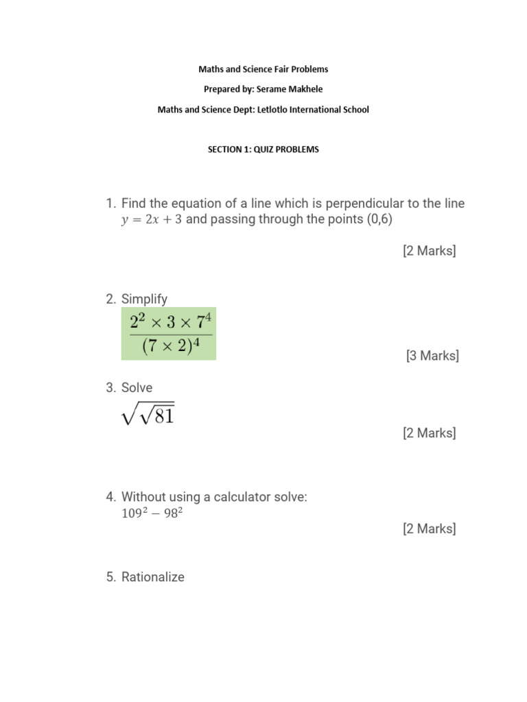 Maths and Science Fair Problems | PDF | Teaching Methods & Materials