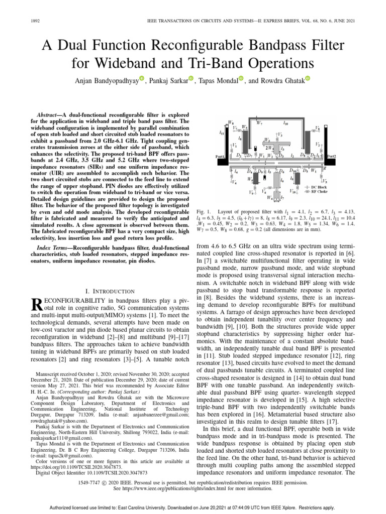 A Dual Function Reconfigurable Bandpass Filter For Wideband And Tri Band Operations Download 